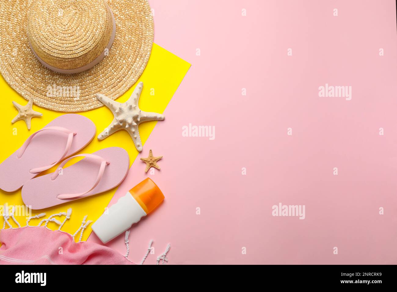 Flat lay composition with different beach objects on color background ...