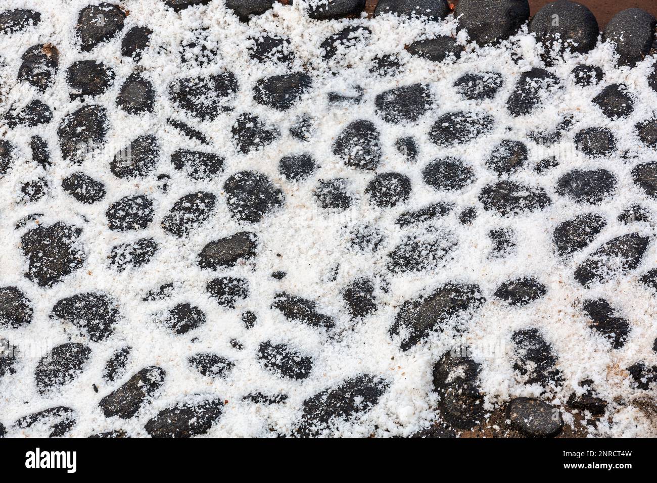 Deposit of salt on the pebbles of an access path to the salt pans. Salt ...