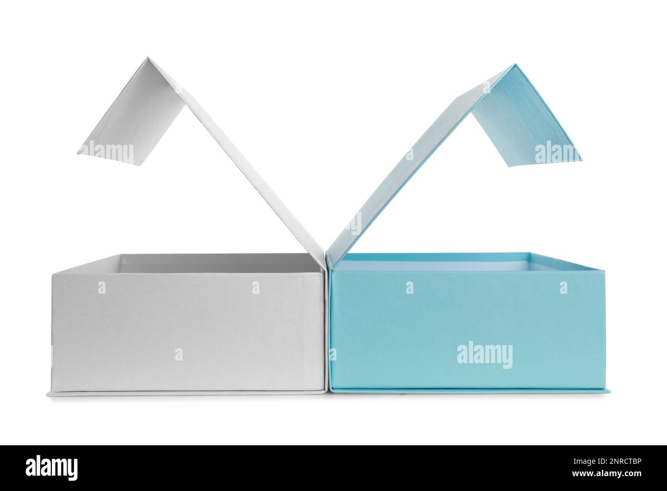 Open colorful shoe boxes on white background Stock Photo - Alamy