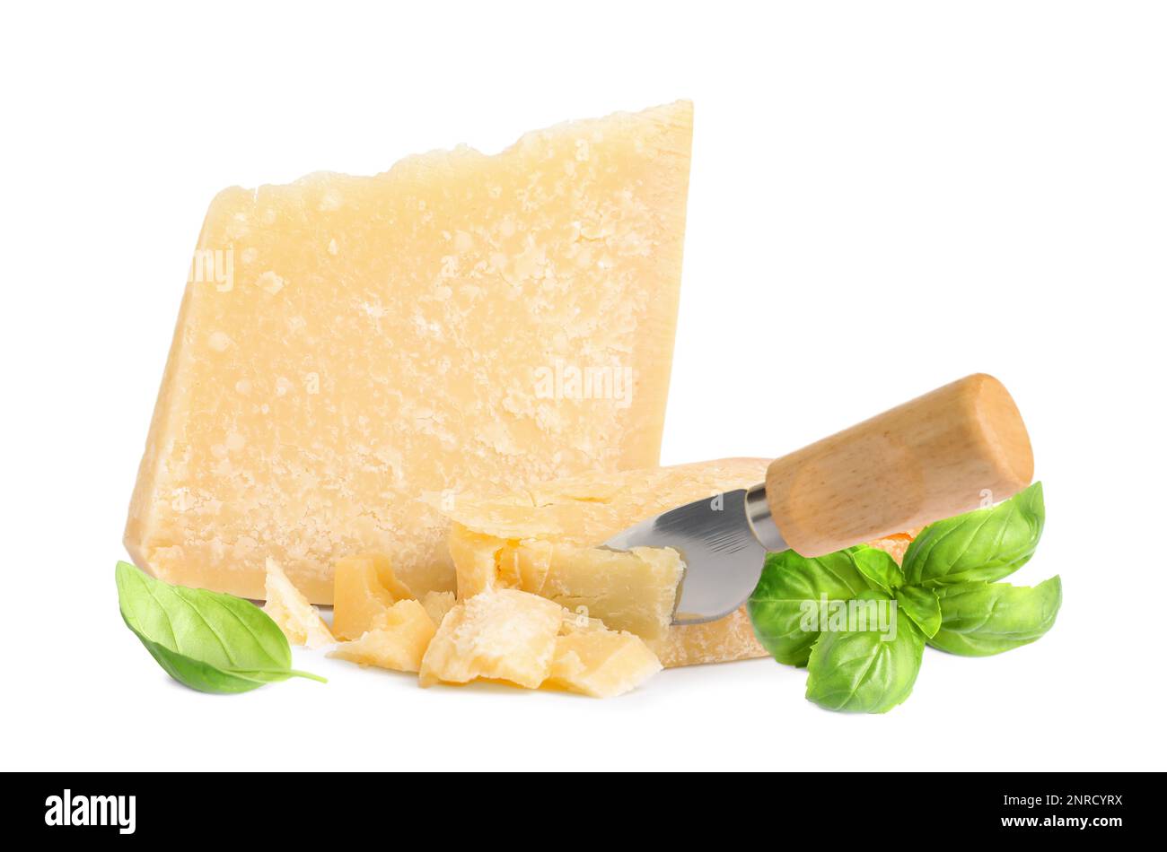 Delicious parmesan cheese and basil on white background Stock Photo - Alamy
