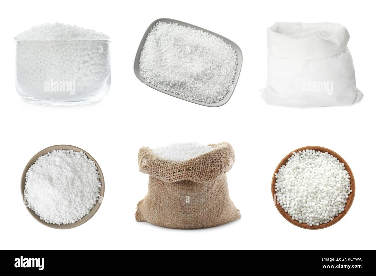 Set with ammonium nitrate pellets on white background. Mineral ...