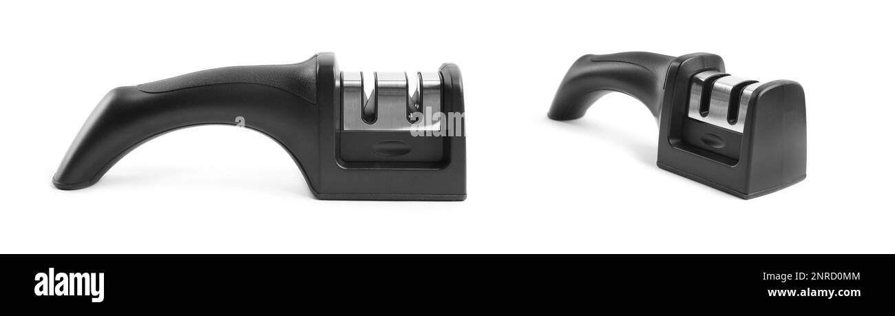 Modern handheld sharpener for knife on white background, collage ...