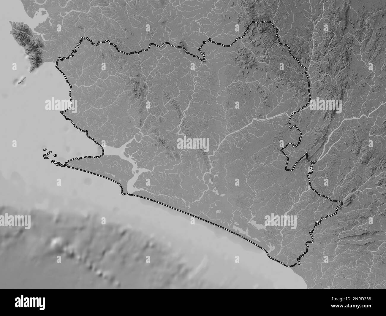 Southern, province of Sierra Leone. Grayscale elevation map with lakes ...