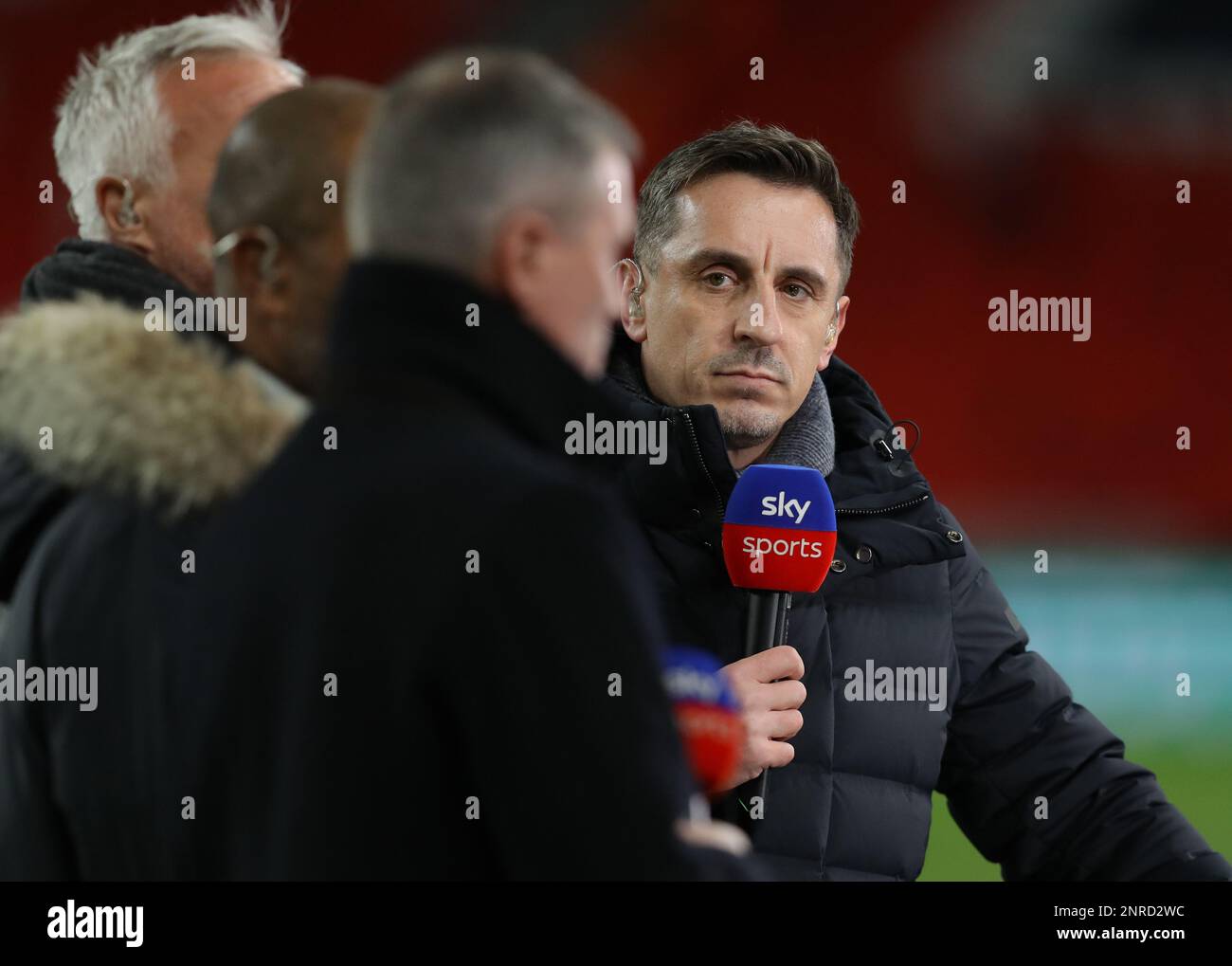 London, UK. 26th Feb, 2023. Gary Neville while presenting for Sky Sports during the Carabao Cup ...
