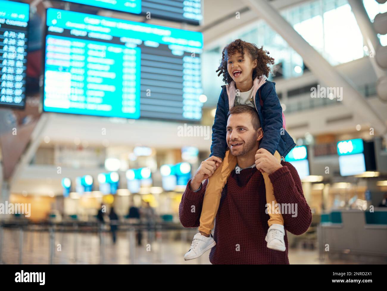 Travel, father and piggyback girl at airport, laughing at comic joke ...