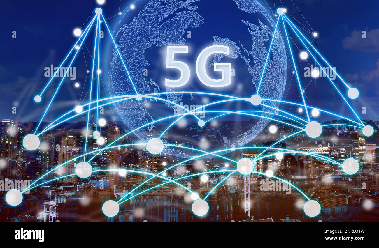 5G network wireless system. Beautiful cityscape and network connection ...