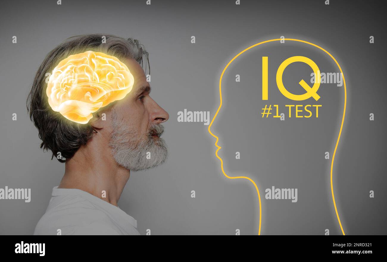 Mature man and illustrated brain on grey background. IQ test Stock ...