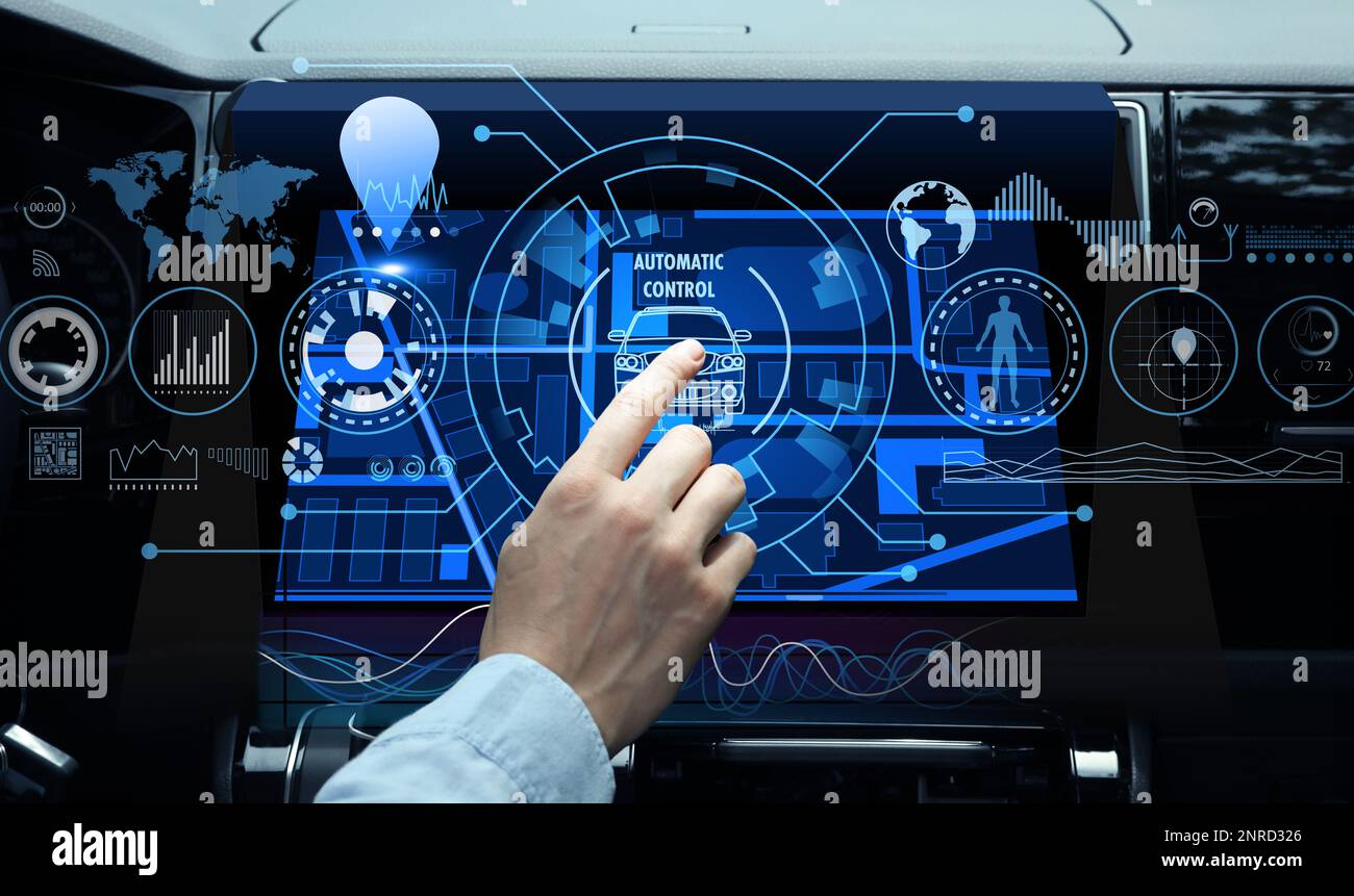 Driver using modern car navigation system, closeup Stock Photo - Alamy