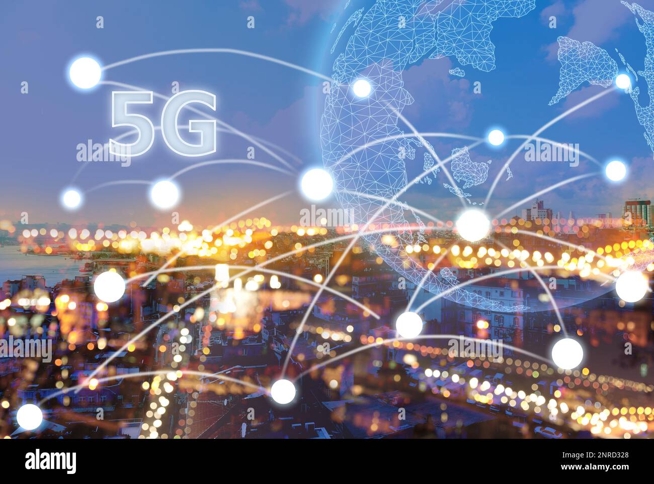 5G network wireless system. Beautiful cityscape and network connection ...