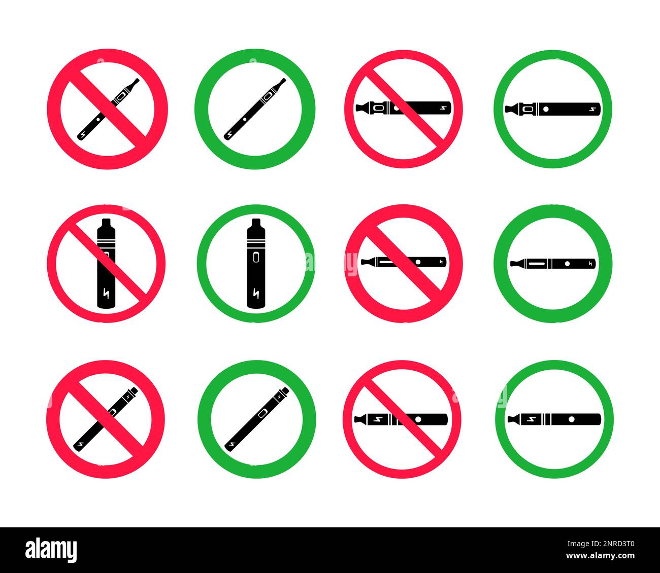 No vaping and vaping area signs. Red forbidden and green allowed circles signs icon set isolated ...
