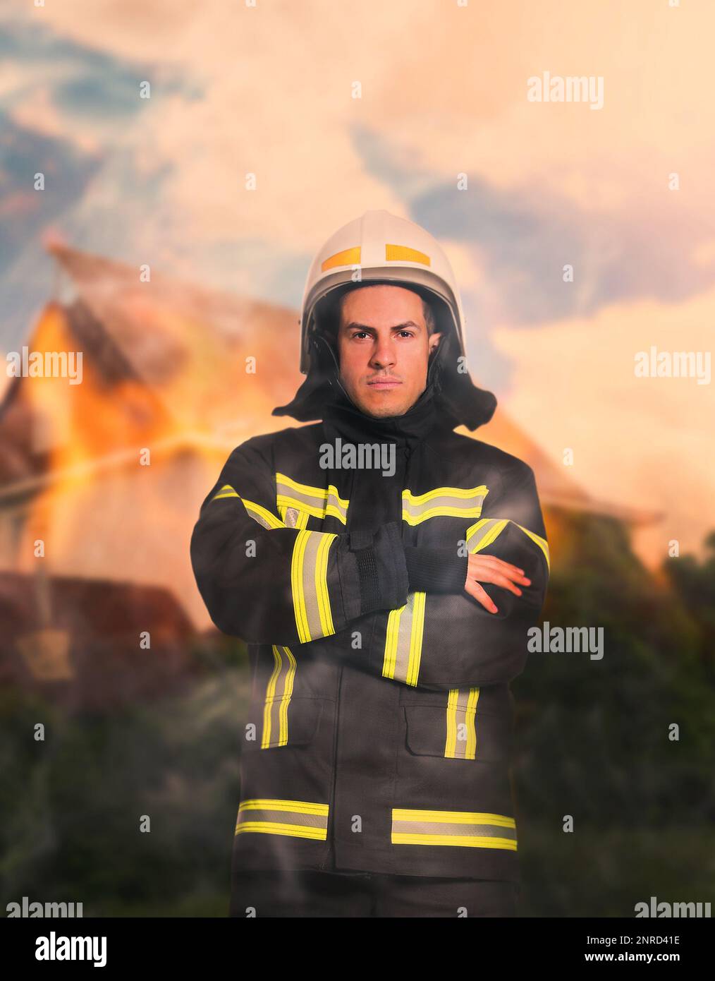 Rescuer wearing uniform and helmet. Professional firefighter Stock ...