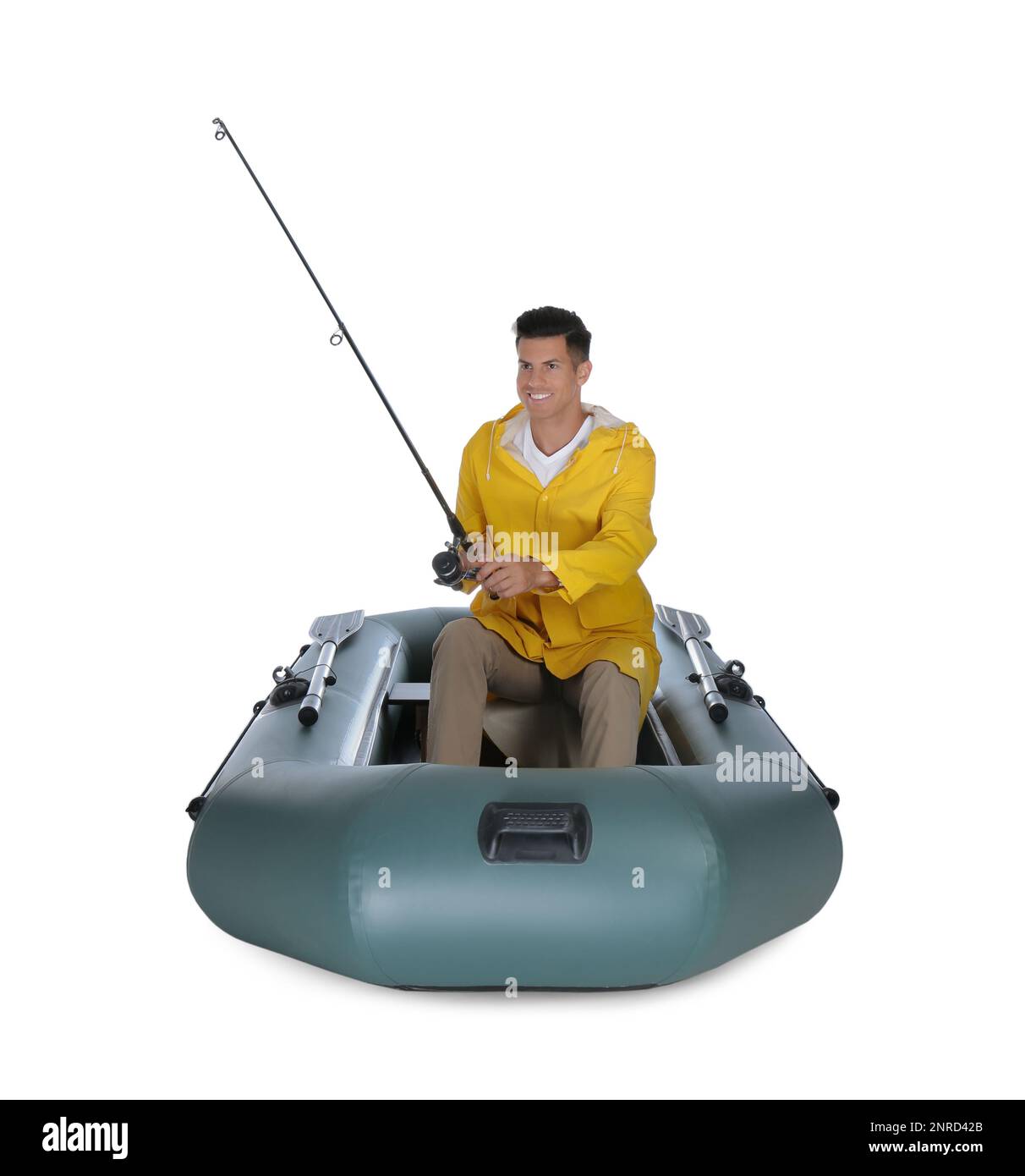 Man fishing with rod from inflatable rubber boat on white background ...