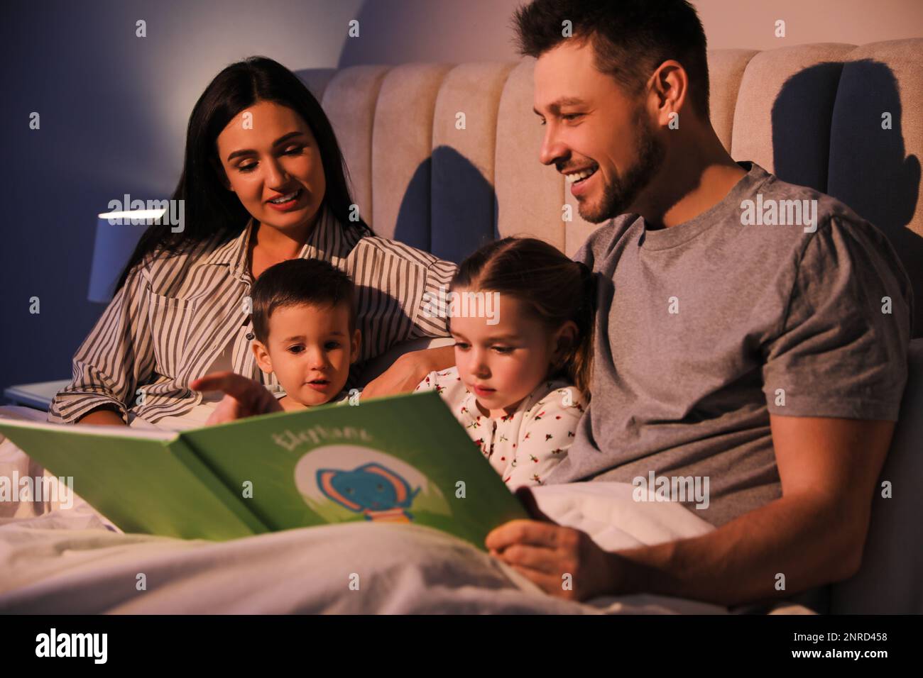 Family reading book together in bed at home Stock Photo - Alamy