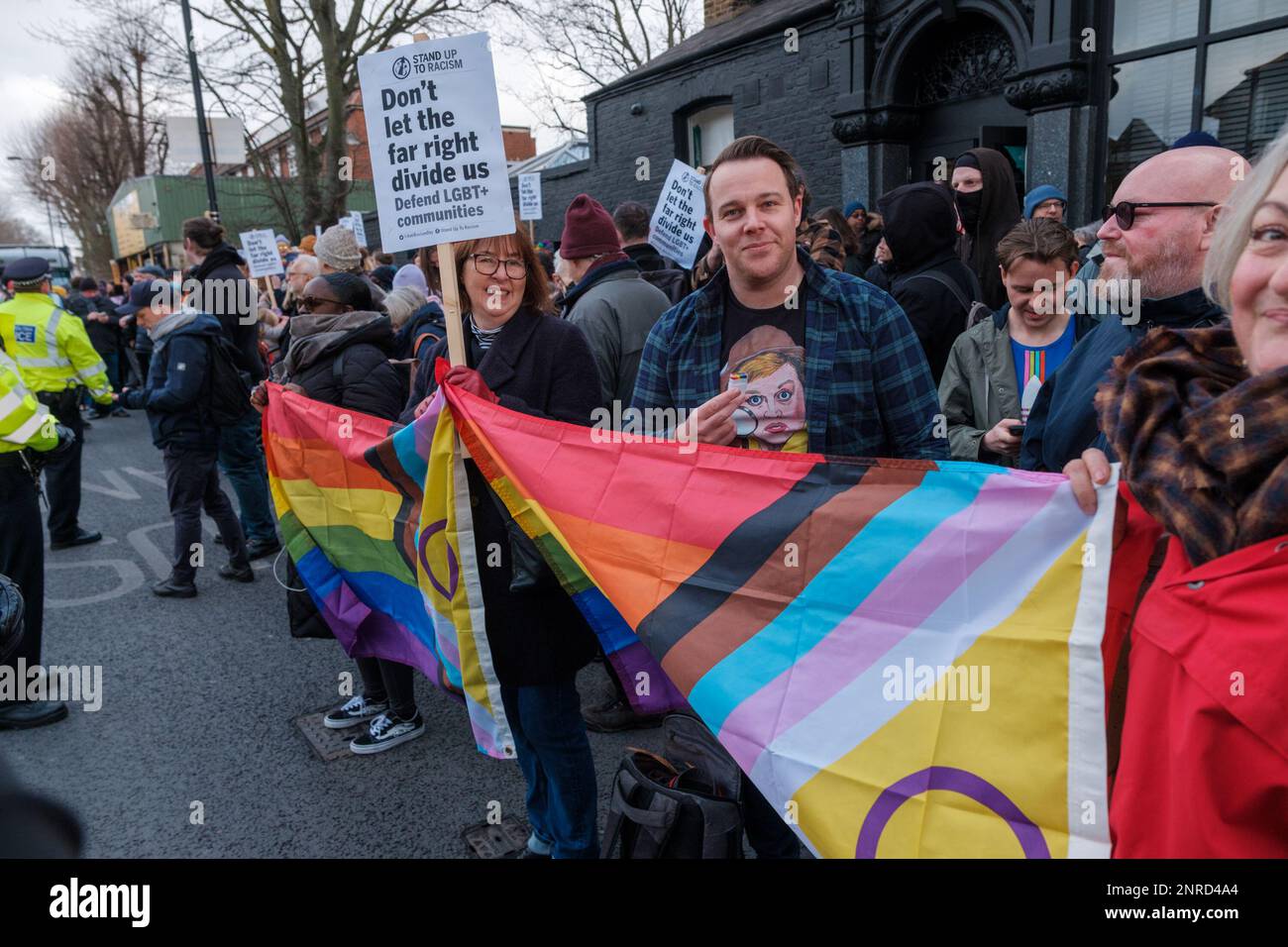 Pro-LGBT counter-protesters protect and surround Honor Oak Pub and push ...