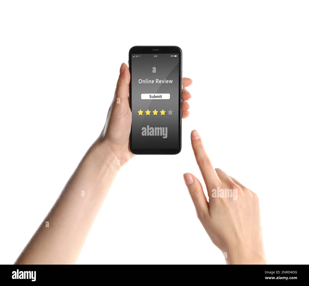 Woman using smartphone to give feedback on white background, closeup ...