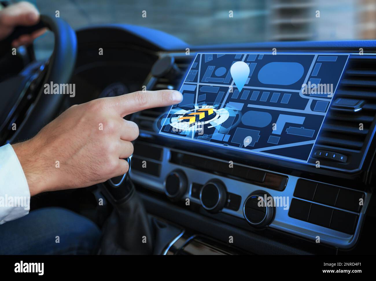 Man using navigation system while driving car, closeup Stock Photo - Alamy