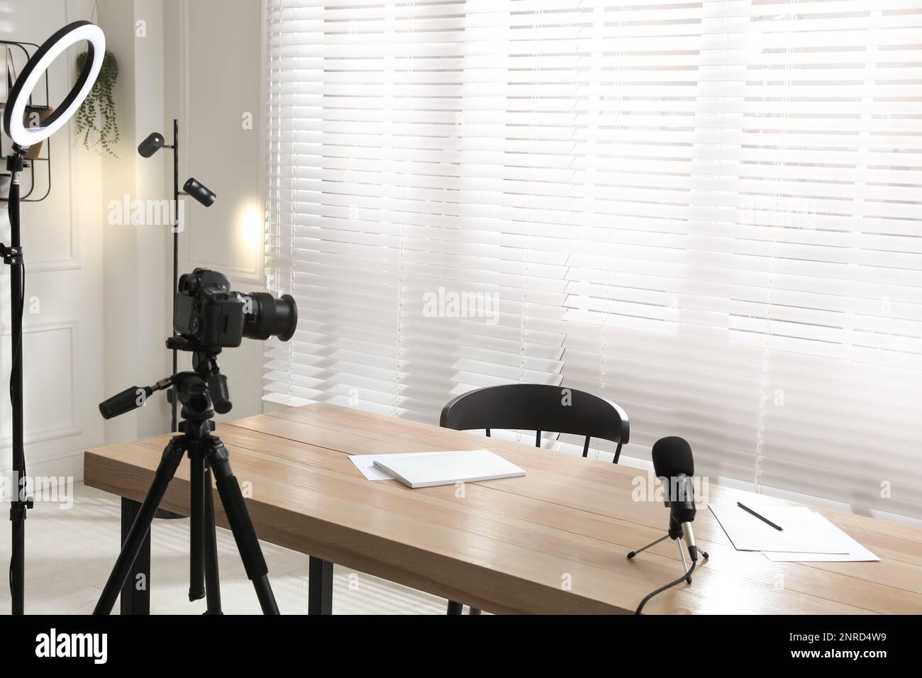 Ring light, camera and microphone for blogging in room Stock Photo - Alamy