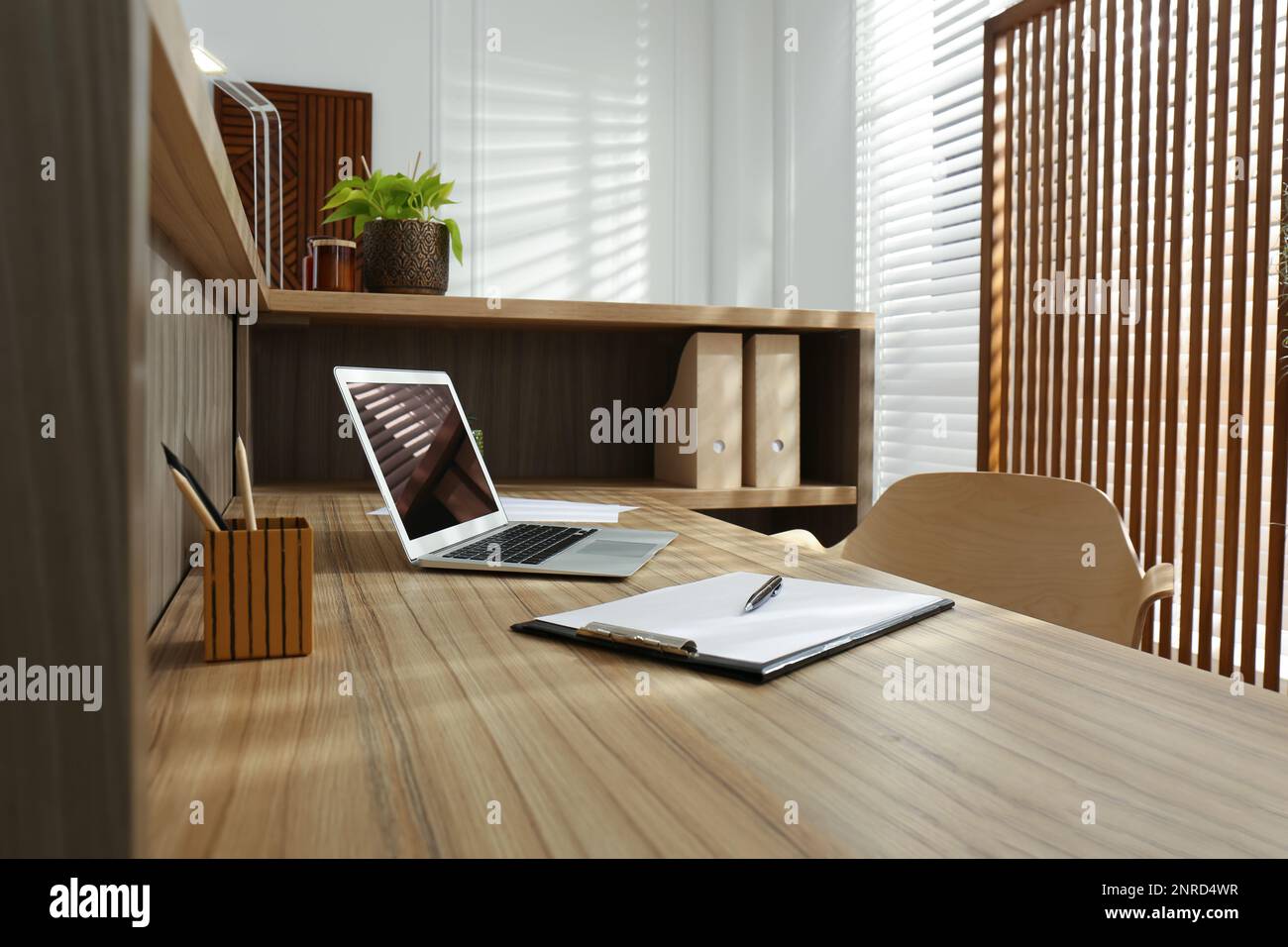 Receptionist's workplace with laptop in hotel. Interior design Stock ...