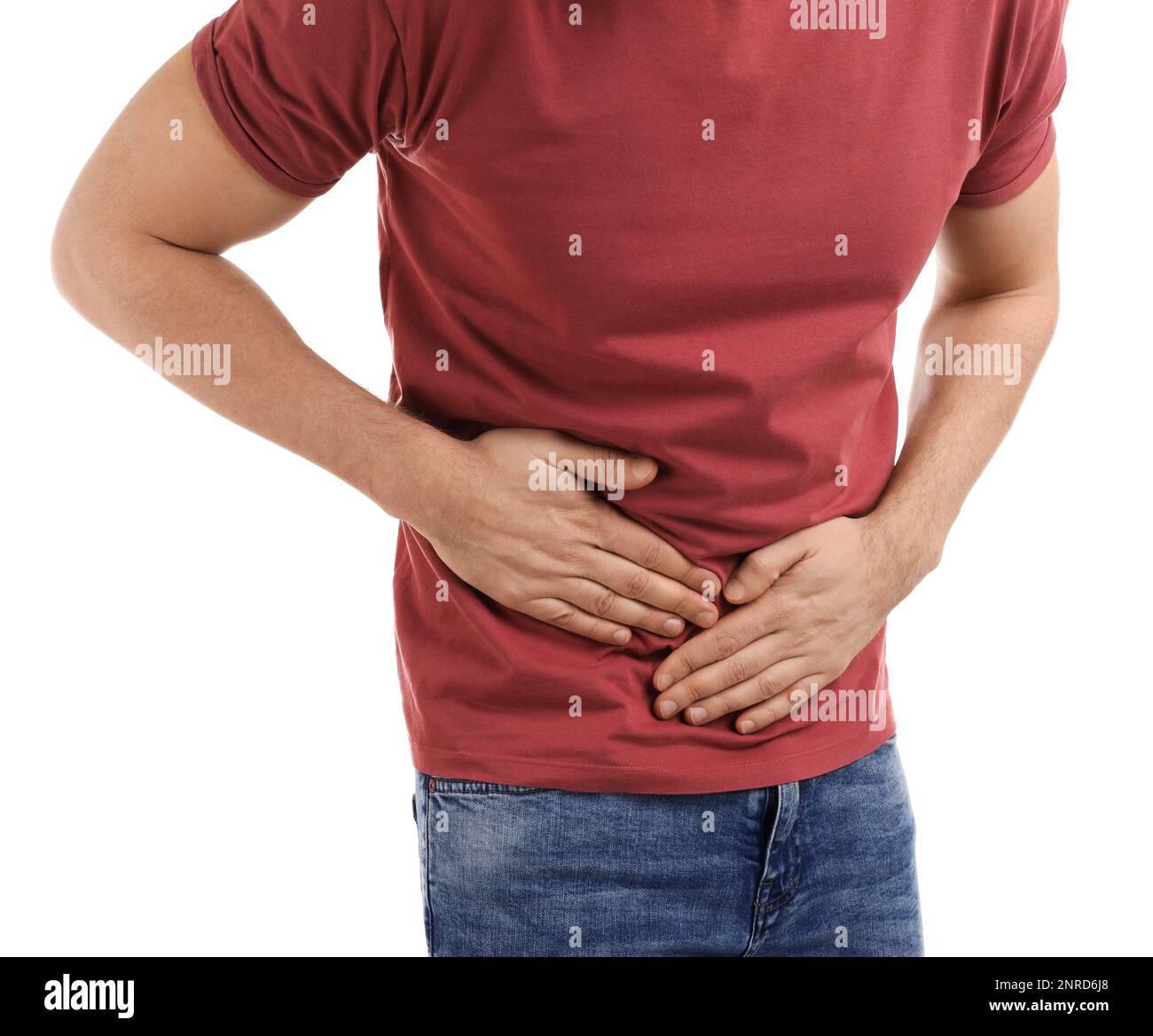 Man suffering from pain in lower right abdomen on white background ...