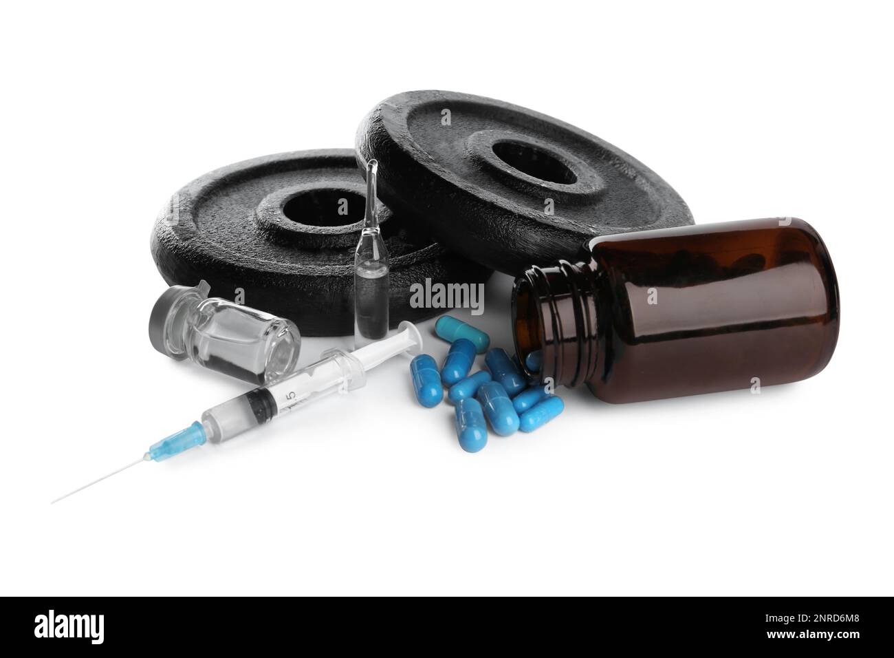 Different drugs and sports equipment on white background. Doping ...