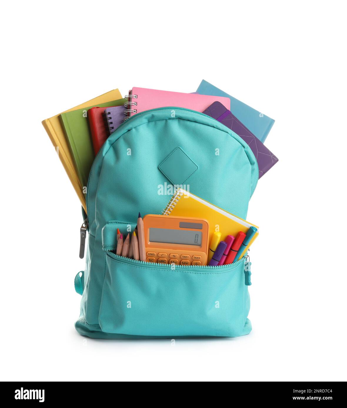 Turquoise backpack with different school supplies isolated on white ...