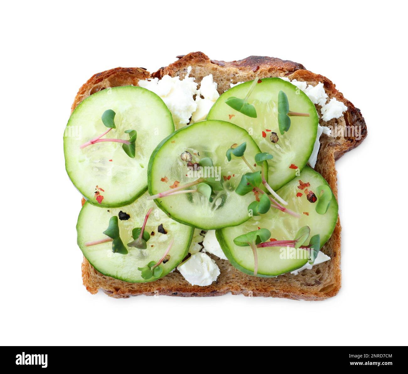 Delicious sandwich with cucumber, microgreens and cheese on white ...