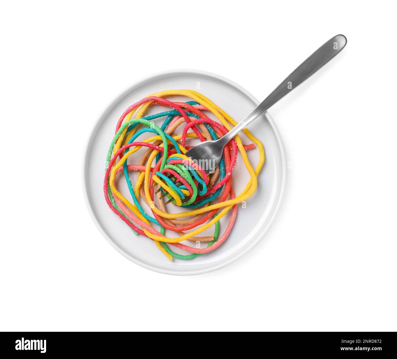 Colorful sweet gummy strings served as spaghetti on white background ...