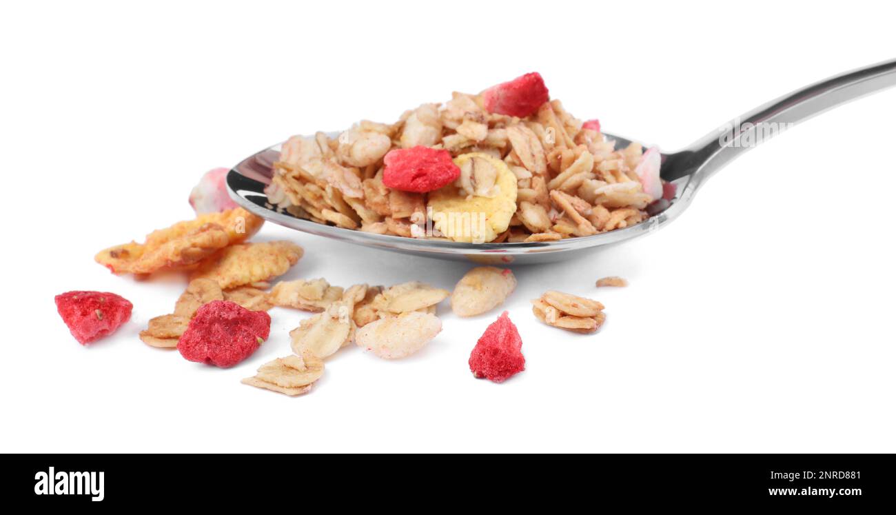 Spoon with granola on white background. Healthy snack Stock Photo - Alamy