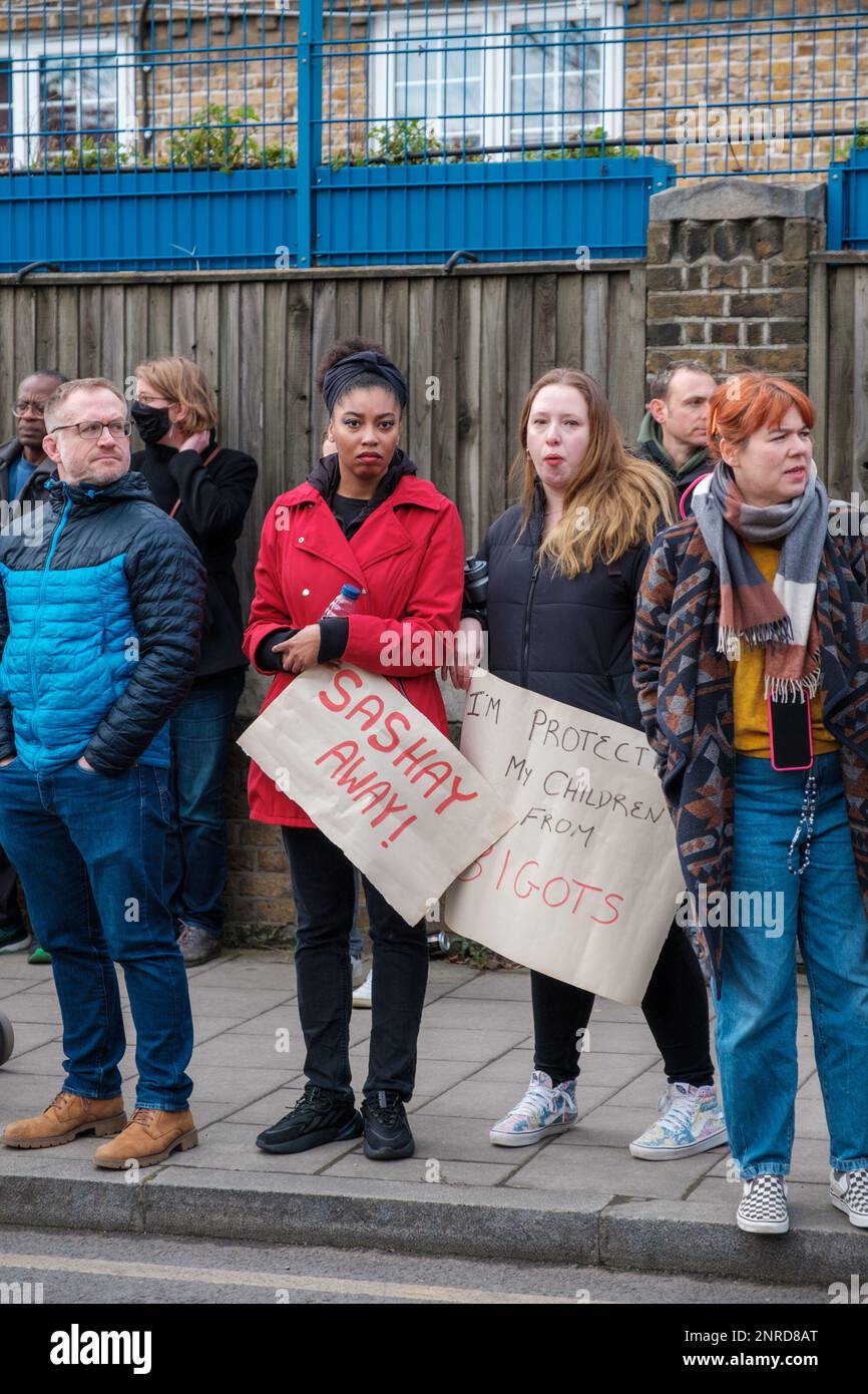 Pro-LGBT counter-protesters protect and surround Honor Oak Pub and push ...