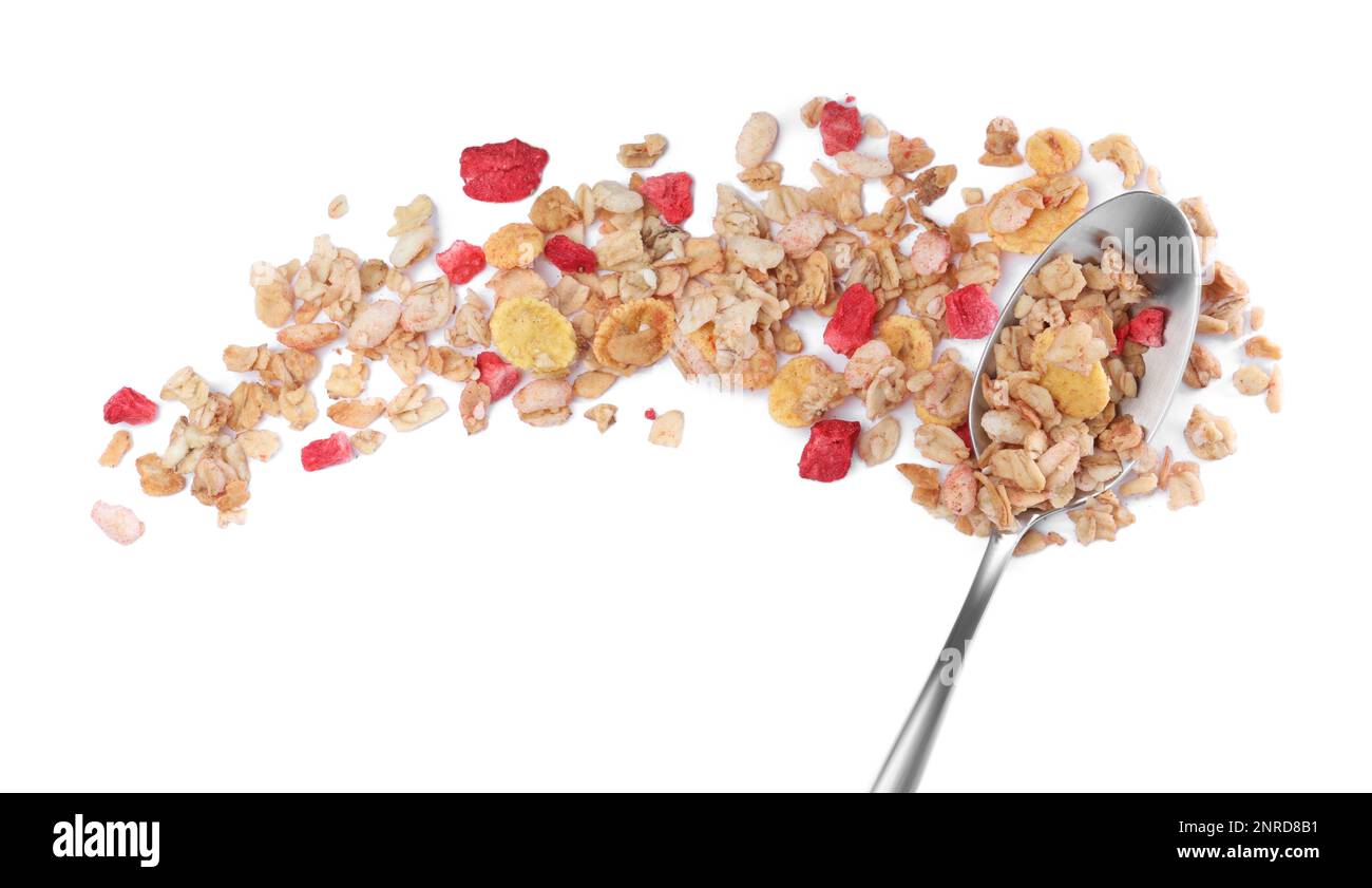 Spoon with granola on white background, top view. Healthy snack Stock ...