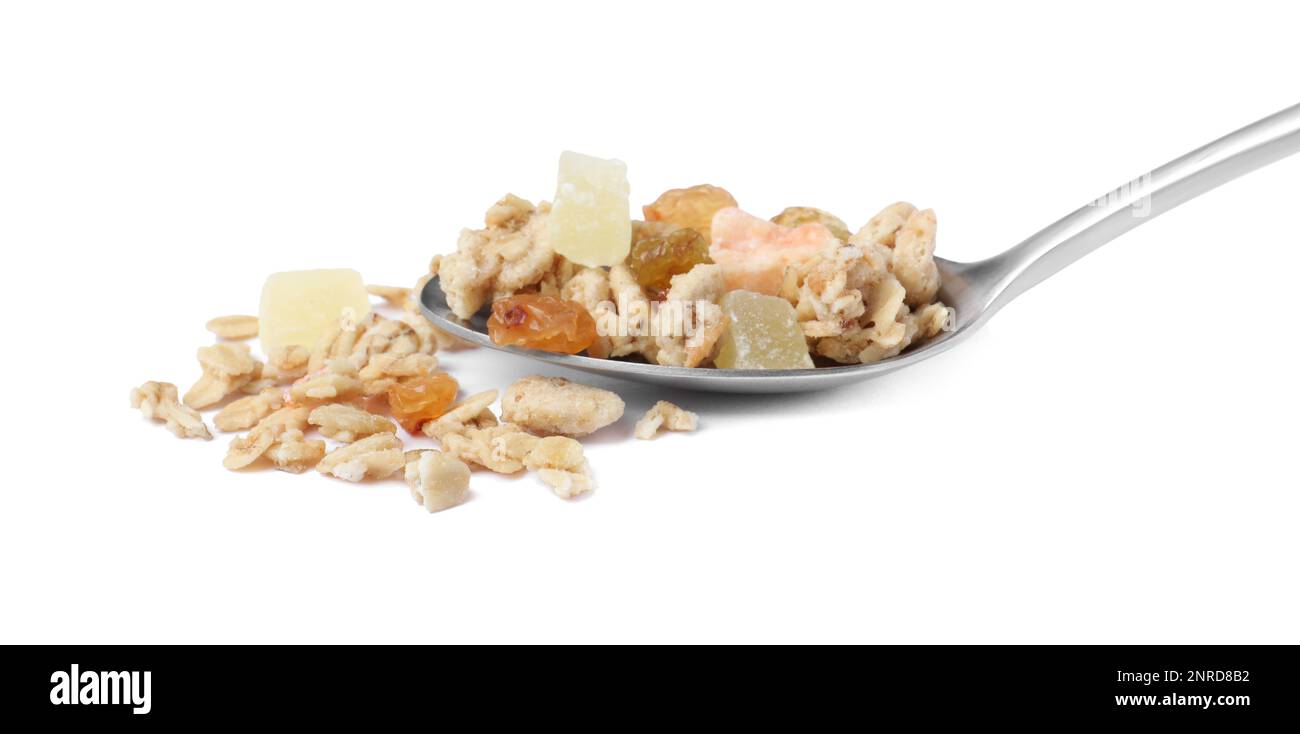Spoon with granola on white background. Healthy snack Stock Photo - Alamy