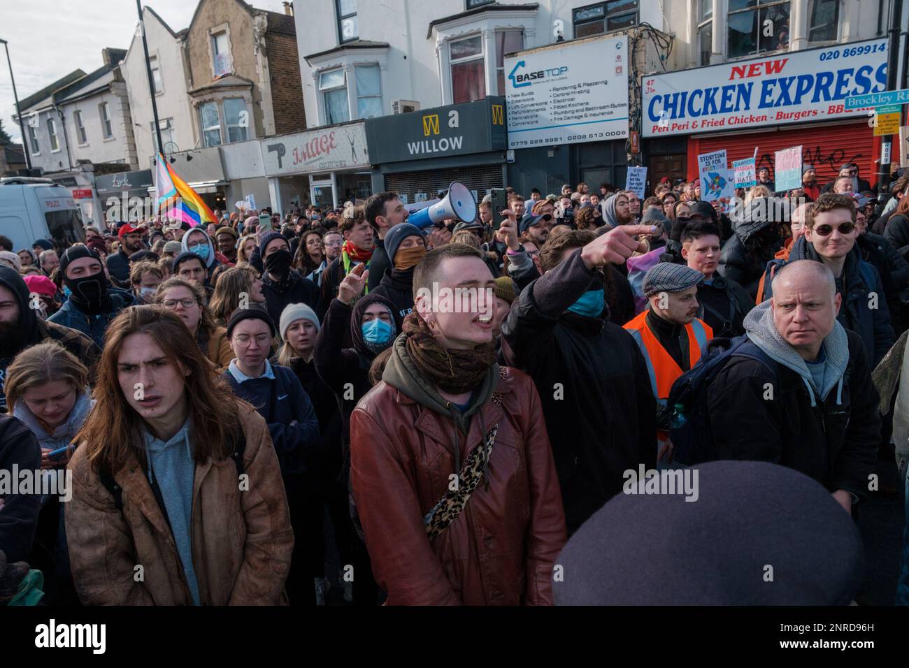 Pro-LGBT counter-protesters protect and surround Honor Oak Pub and push ...