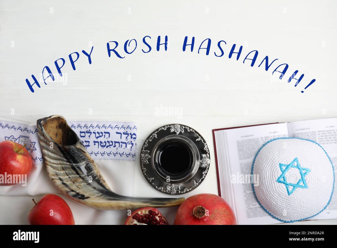 Flat lay composition with Rosh Hashanah holiday attributes and words ...