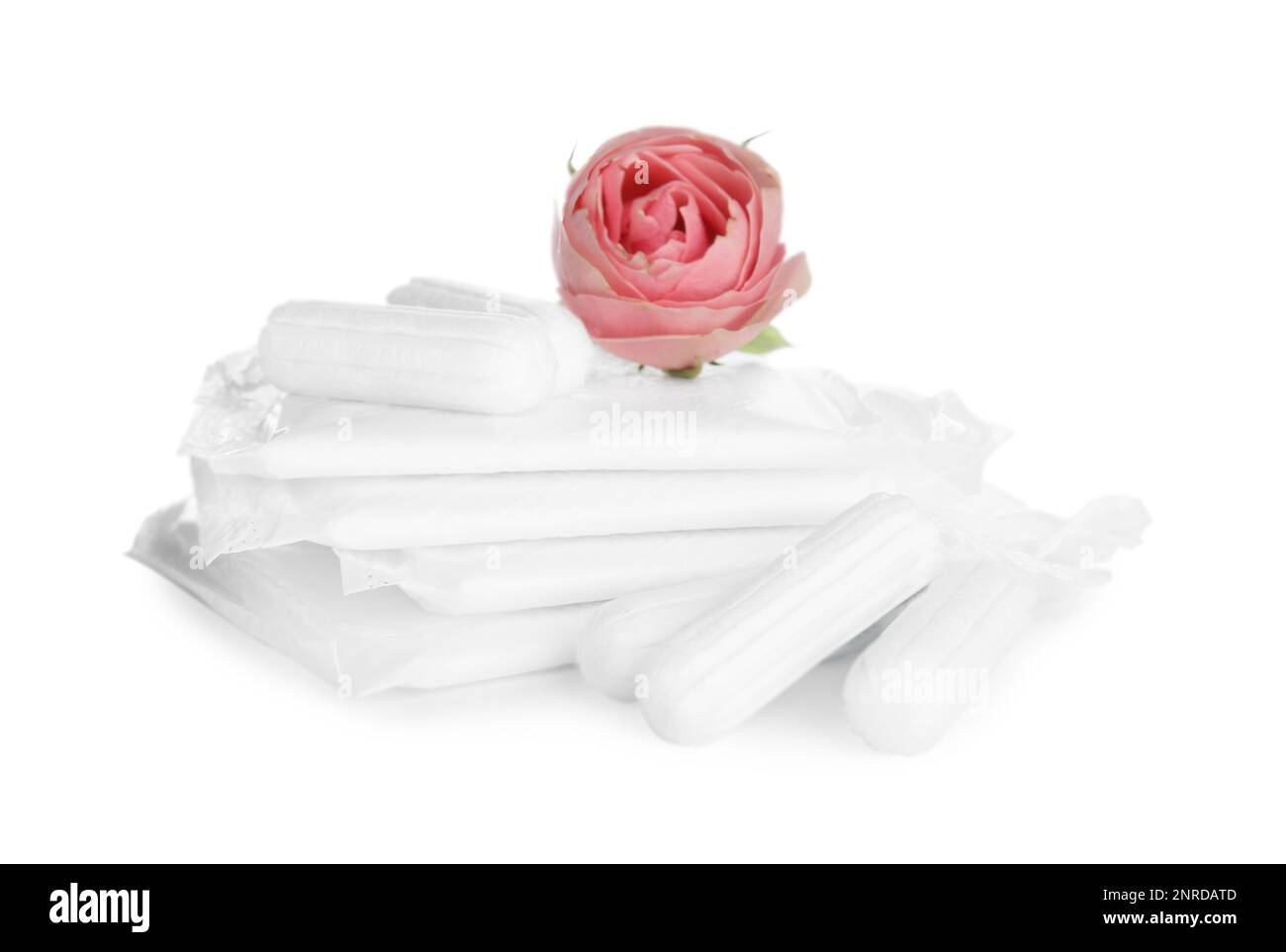 Tampons, disposable menstrual pads and beautiful rose on white ...