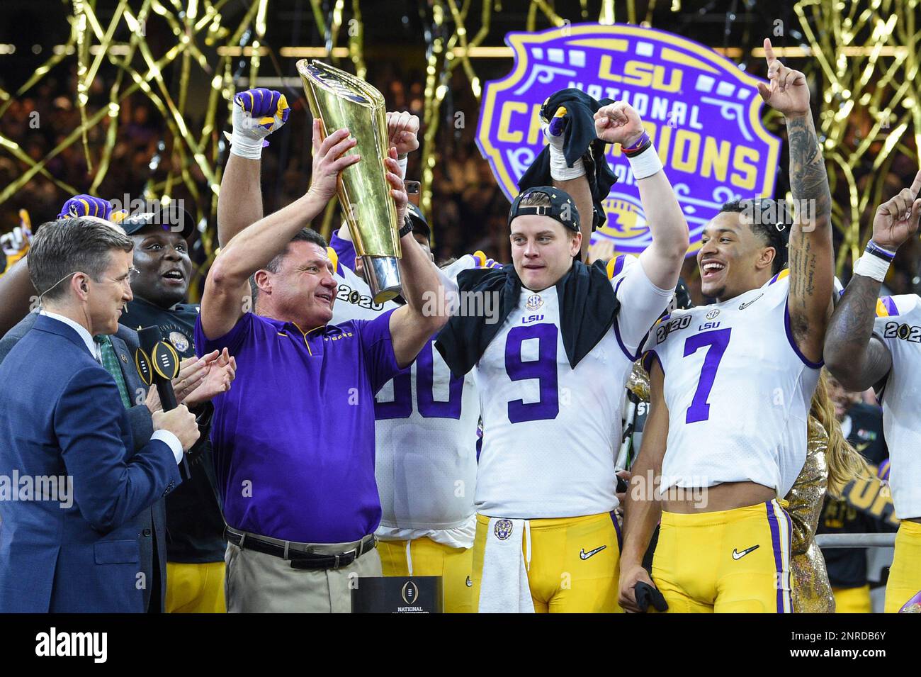 NEW ORLEANS, LA - JANUARY 13: LSU Tigers head coach Ed Orgeron hoists ...