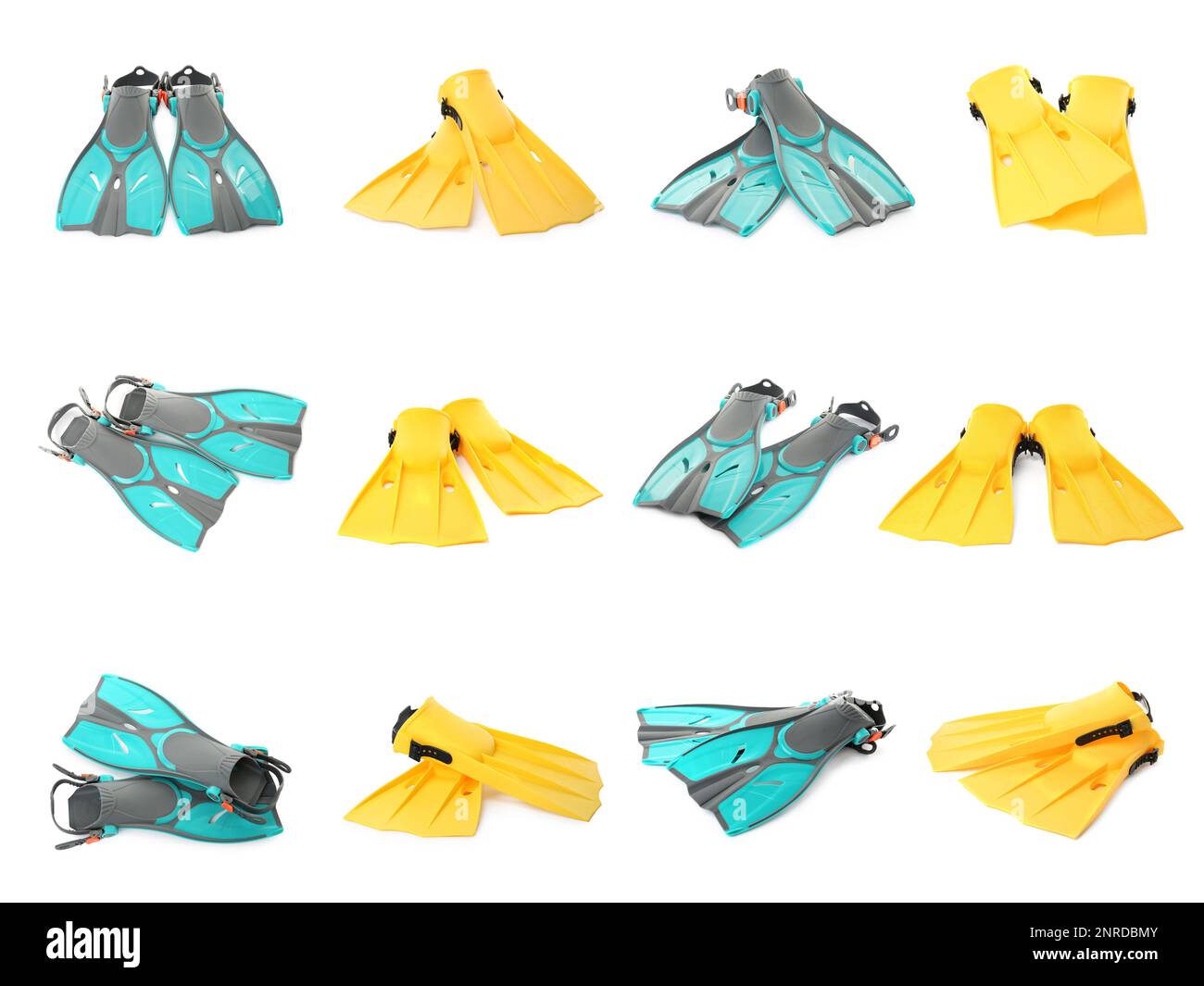 Set with different flippers on white background Stock Photo - Alamy
