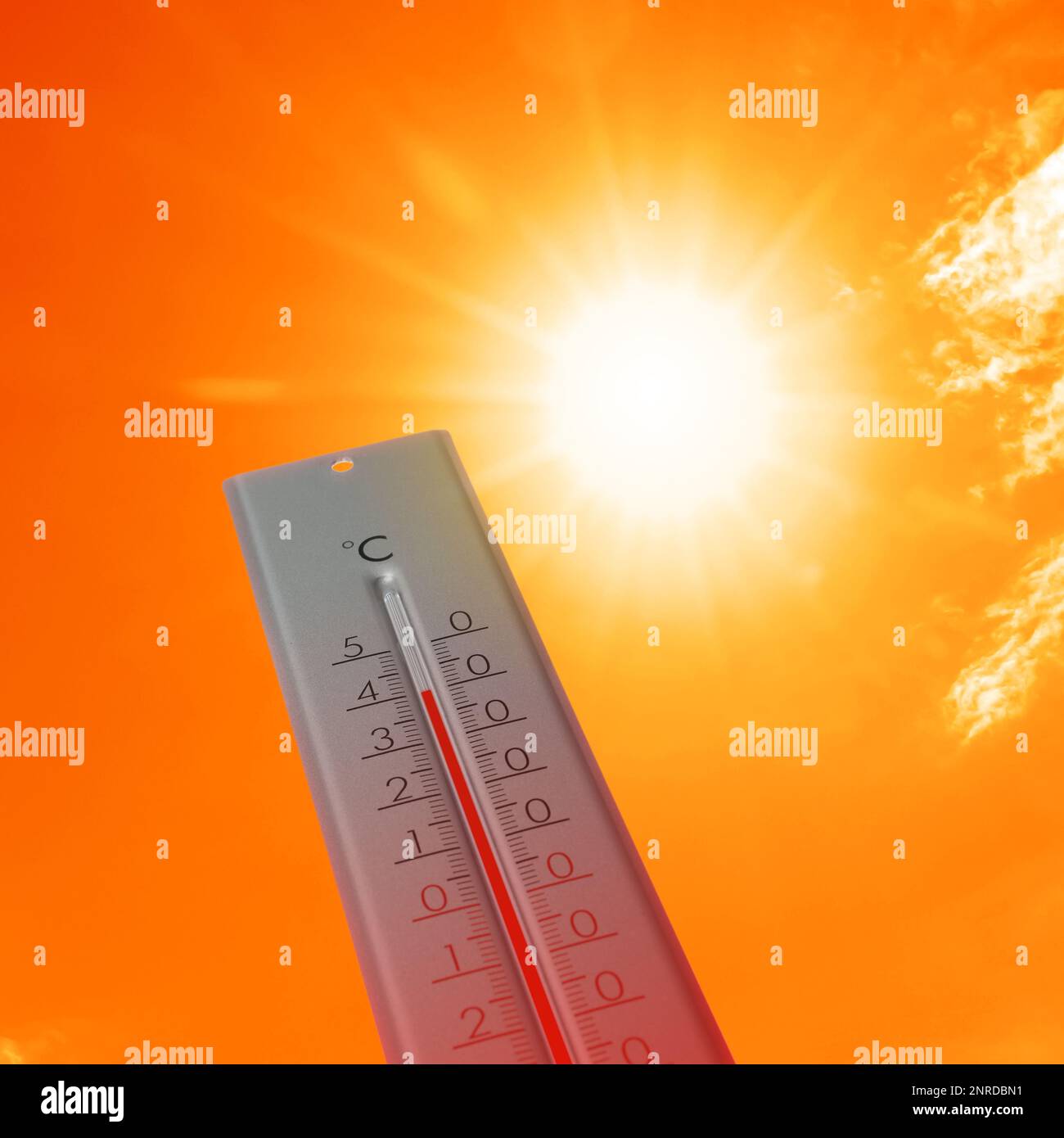 Weather thermometer with high temperature outdoors on hot sunny day ...