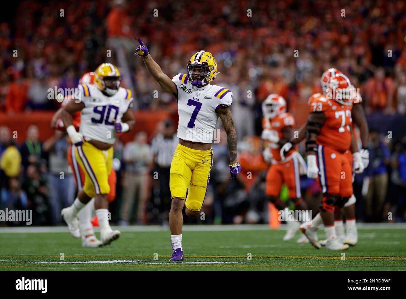 January 13, 2020: Grant Delpit (7) of the LSU Tigers reacts during the ...