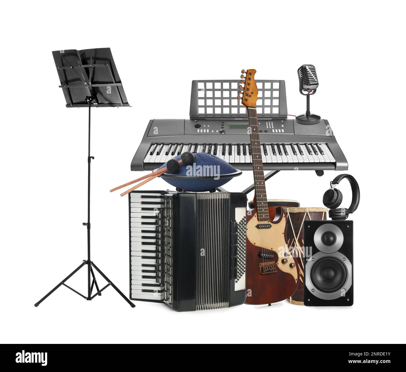 Group of different musical instruments on white background Stock Photo ...