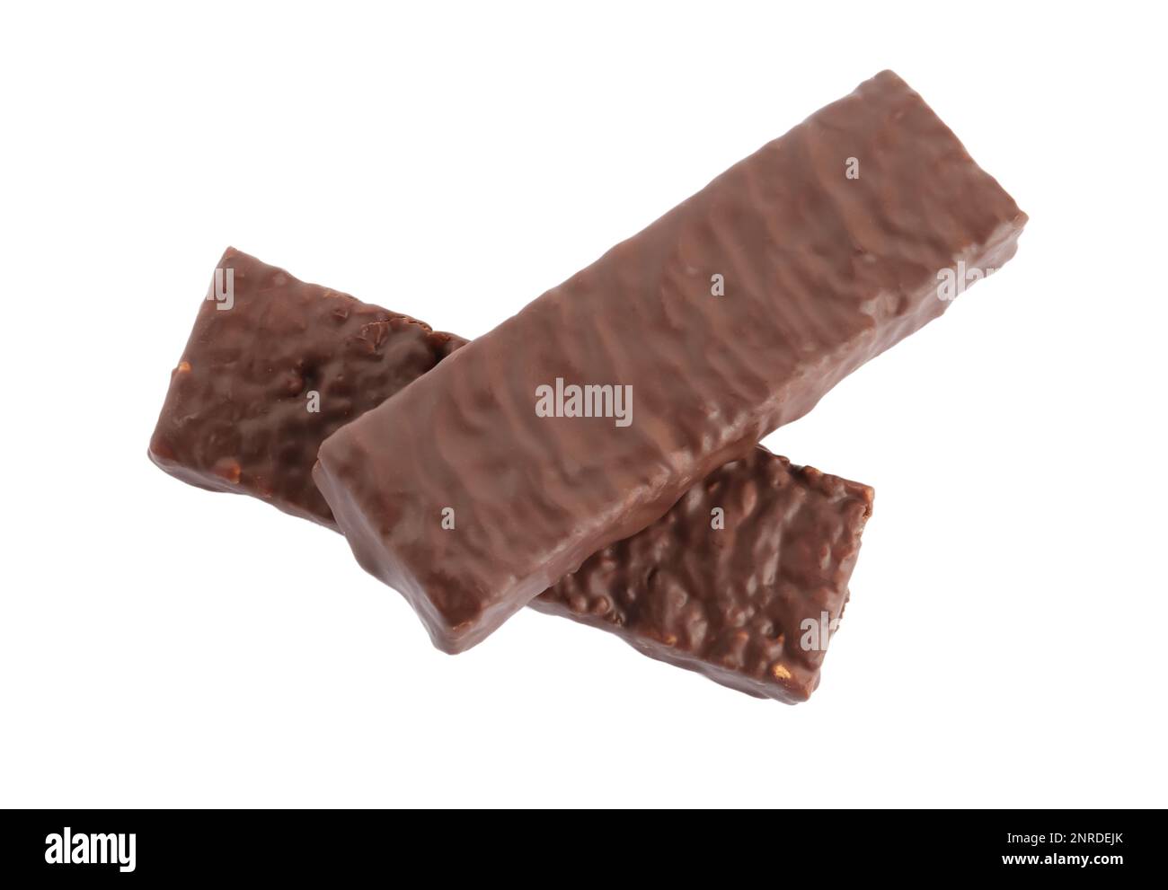 Tasty chocolate glazed protein bars on white background, top view ...