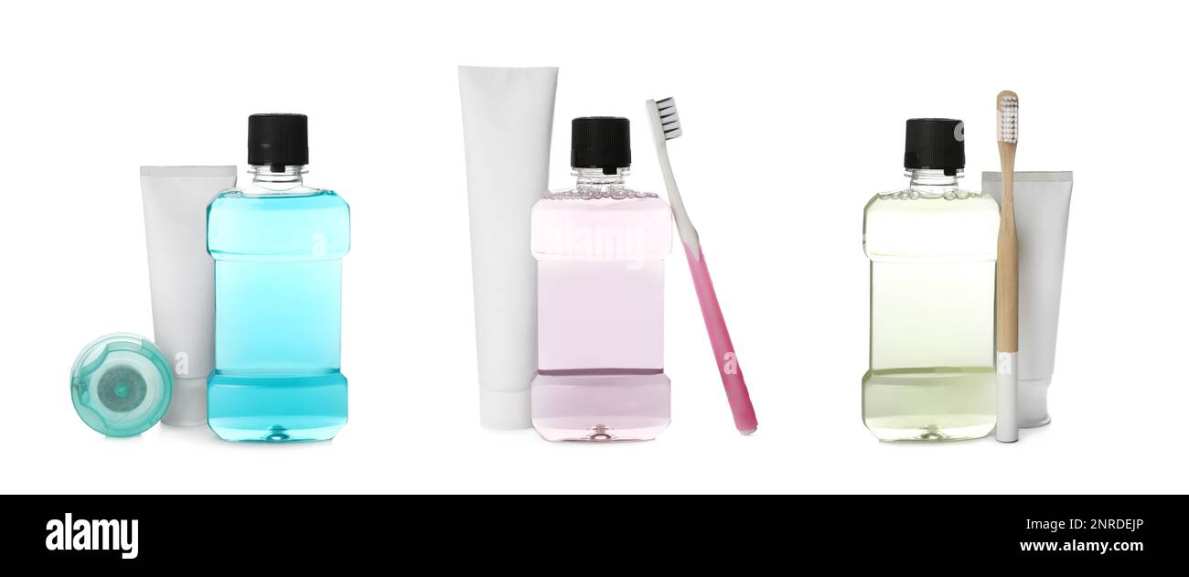 Set with bottles of mouthwash and other items for teeth care on white ...