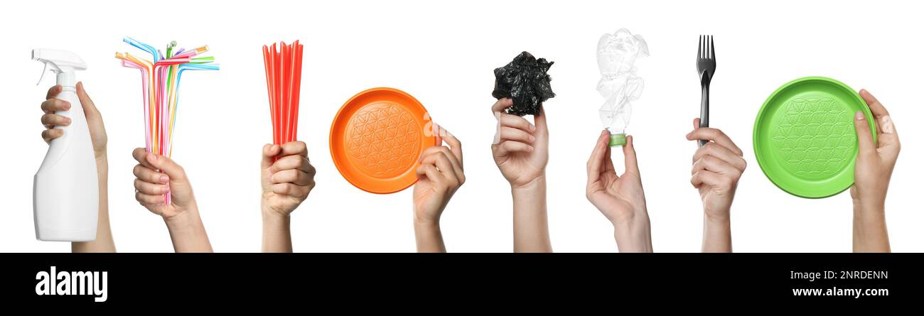 Collage with photos of women holding different plastic things on white ...