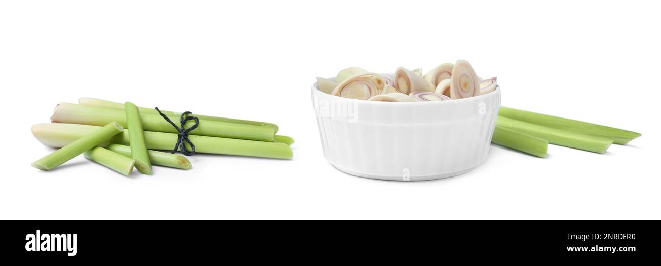 Aromatic fresh lemongrass on white background, collage. Banner design ...