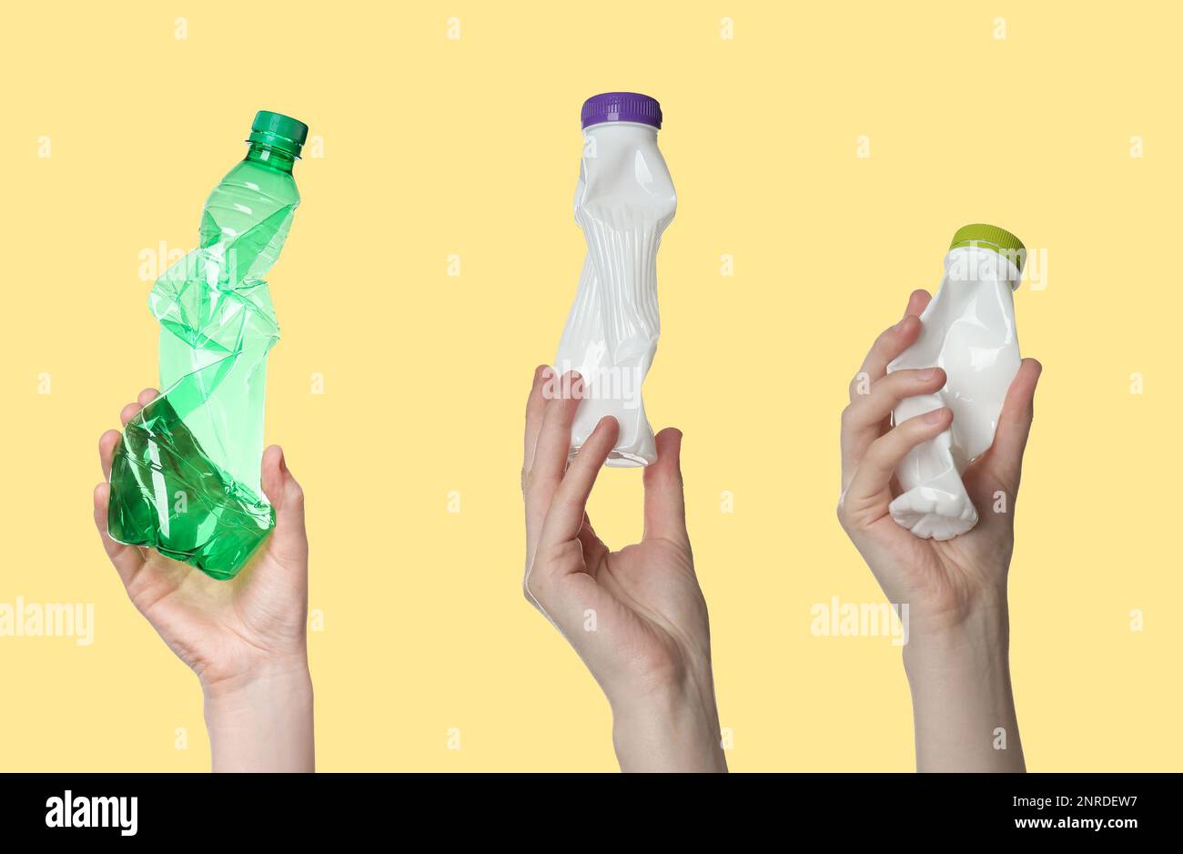 Collage with photos of women holding plastic bottles on yellow ...