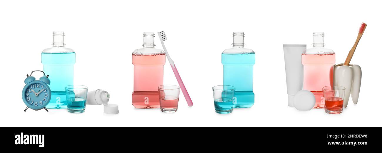 Set with bottles of mouthwash and other items for teeth care on white ...