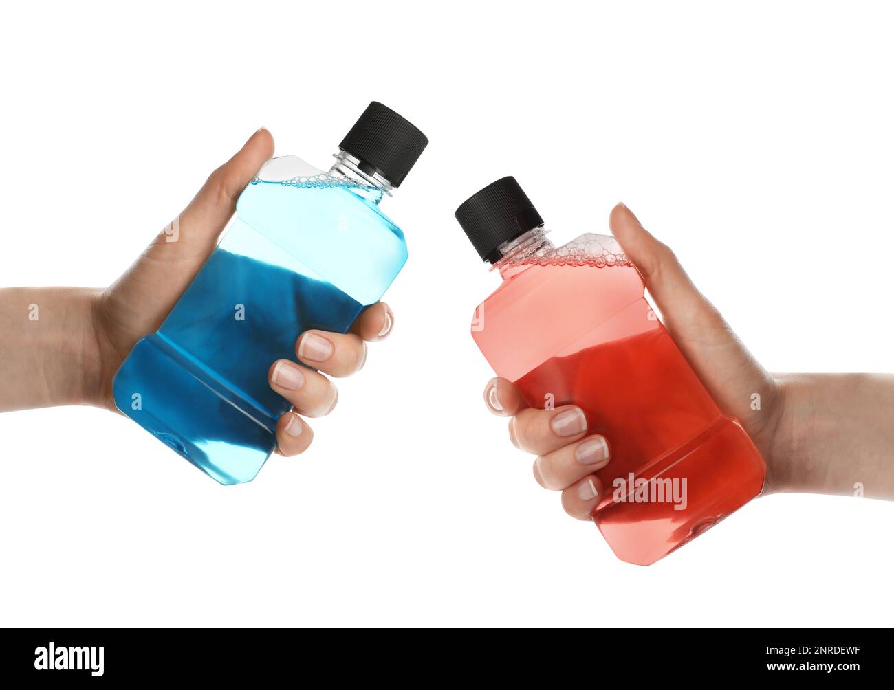 Collage with photos of women holding bottle with mouthwash for teeth ...