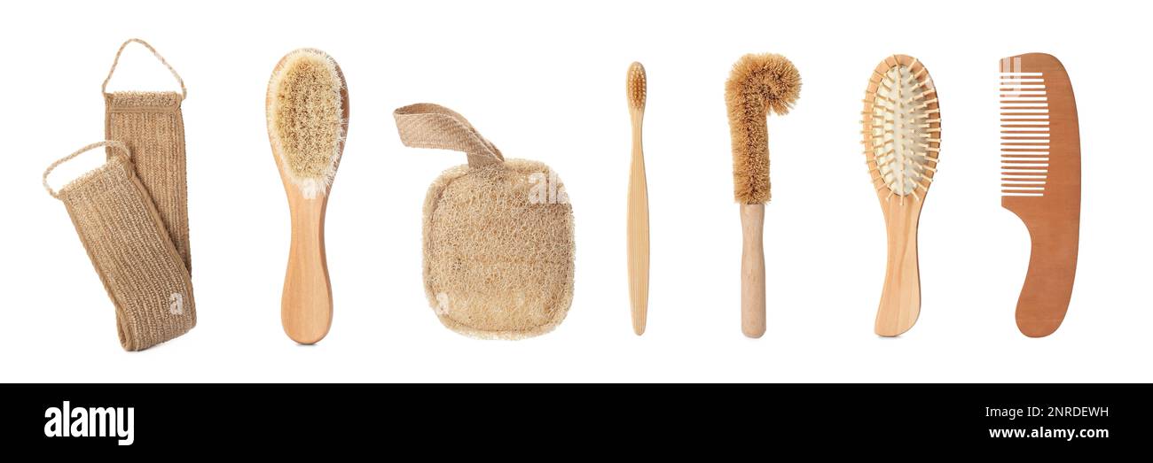 Set with different eco friendly stuff on white background, banner ...