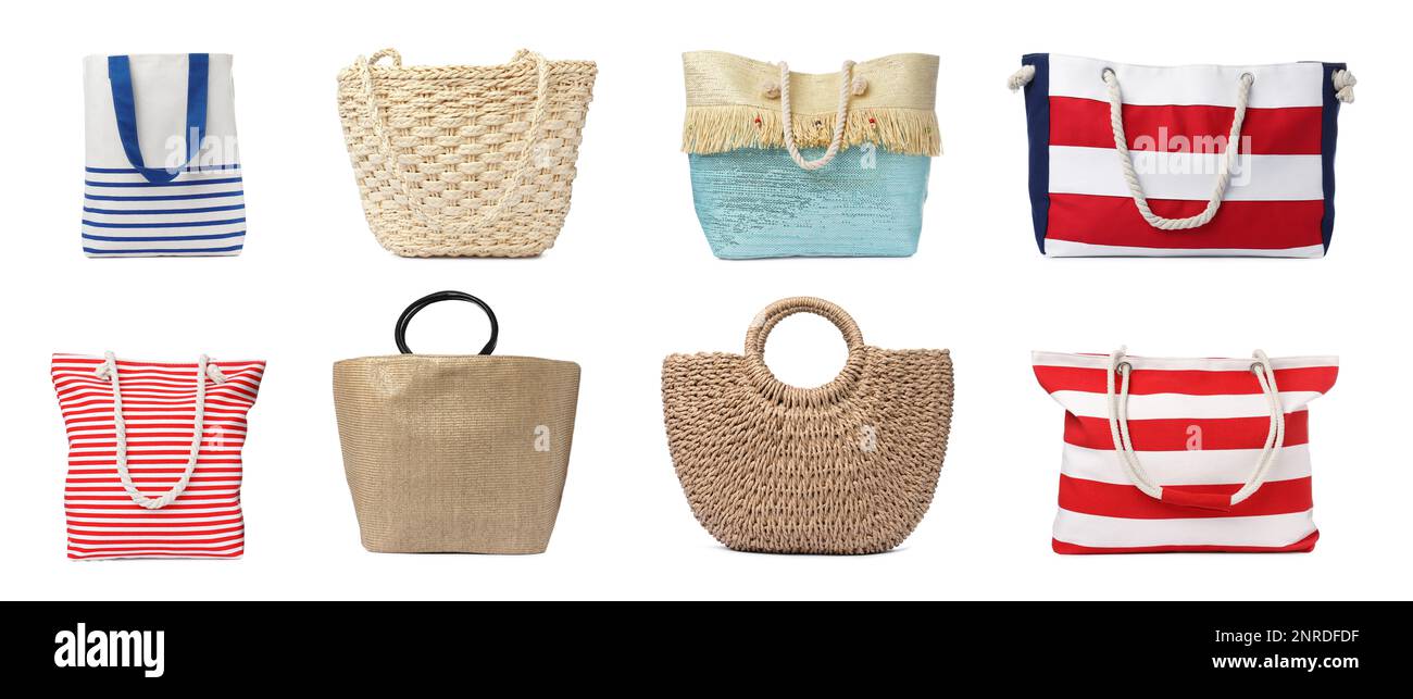 Set with different stylish beach bags on white background. Banner ...