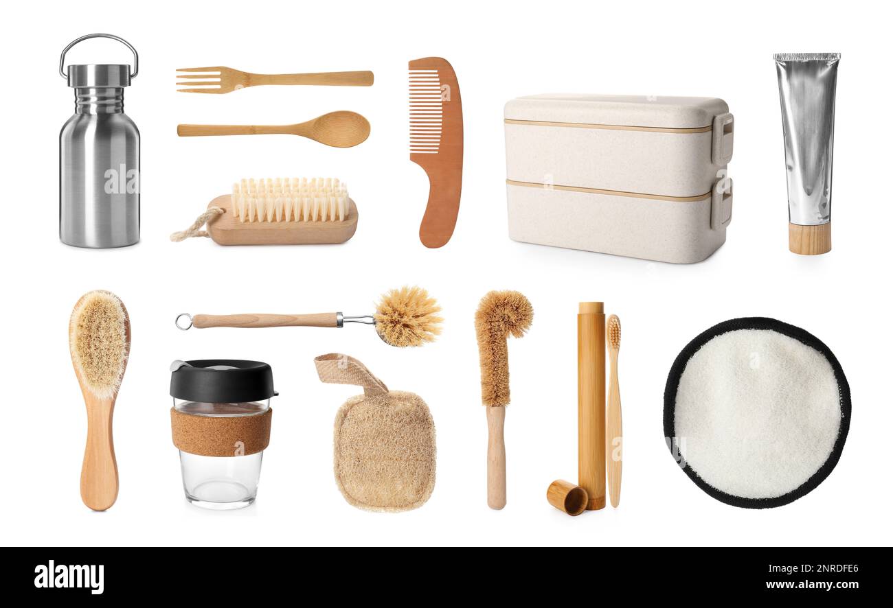 Set with different eco friendly stuff on white background. Conscious ...