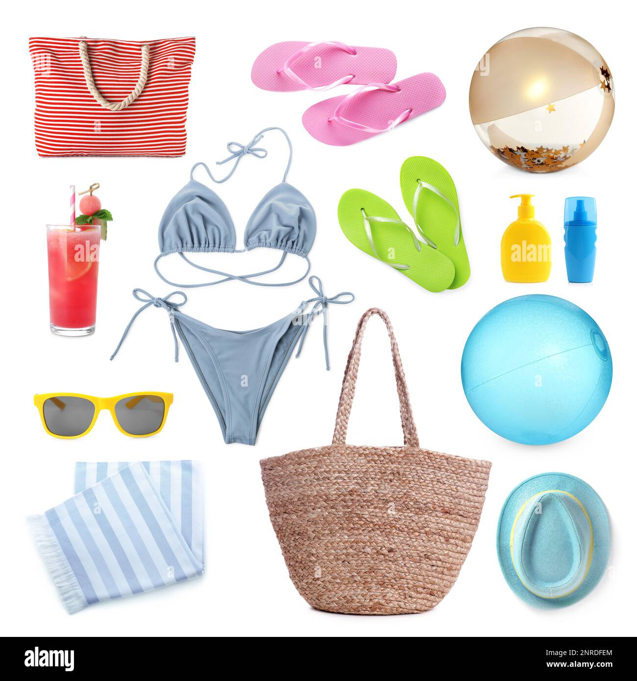 Set with beach balls and other accessories on white background Stock ...